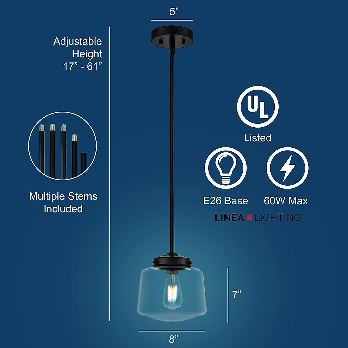 Linea di Liara Scolare Black Pendant Light Fixture Modern Farmhouse Pendant Lighting for Kitchen Island Schoolhouse Vintage Pendant Lamp Kitchen Pendant Light with Clear Glass Shade, Bulb Included