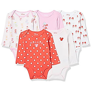 Amazon Essentials Disney | Marvel | Star Wars | Princess Baby Girls' Long-Sleeve Bodysuits, Pack of 5, Minnie Rainbow Chaser, 18 Months