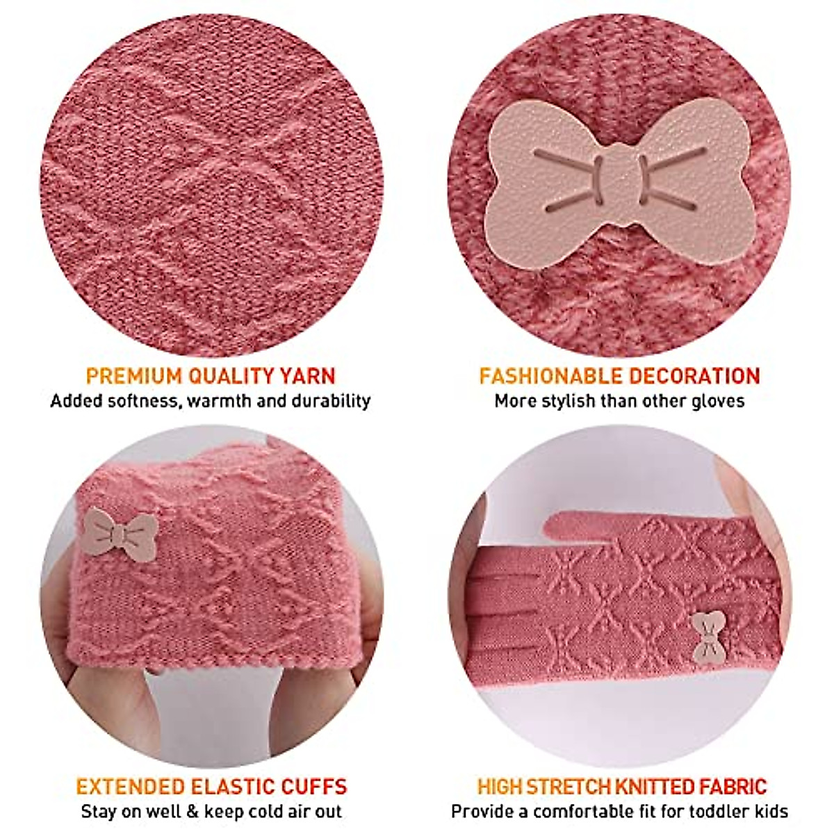 Winter Gloves for Toddler Kids - 3 Pairs Boys Girls Soft Warm Wool Lined Gloves Full Finger Children Thermal Knit Gloves (White/Pink/Grey, 5-12T)