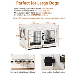 Piskyet Wooden Dog Crate Furniture with 360°Rotatable Removable Dog Bowls, Dog Crate End Table with Tray, Double Doors Dog Kennels forDogs(L:37.7" L*25.1" W*26.1" H, Marble White)