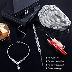 Meanplan 4 Pcs Silver Purse Jewelry Set for Women Rhinestone Wedding Bride Jewelry Prom Evening Party Accessories Silver Clutch Purse (Modern Style)