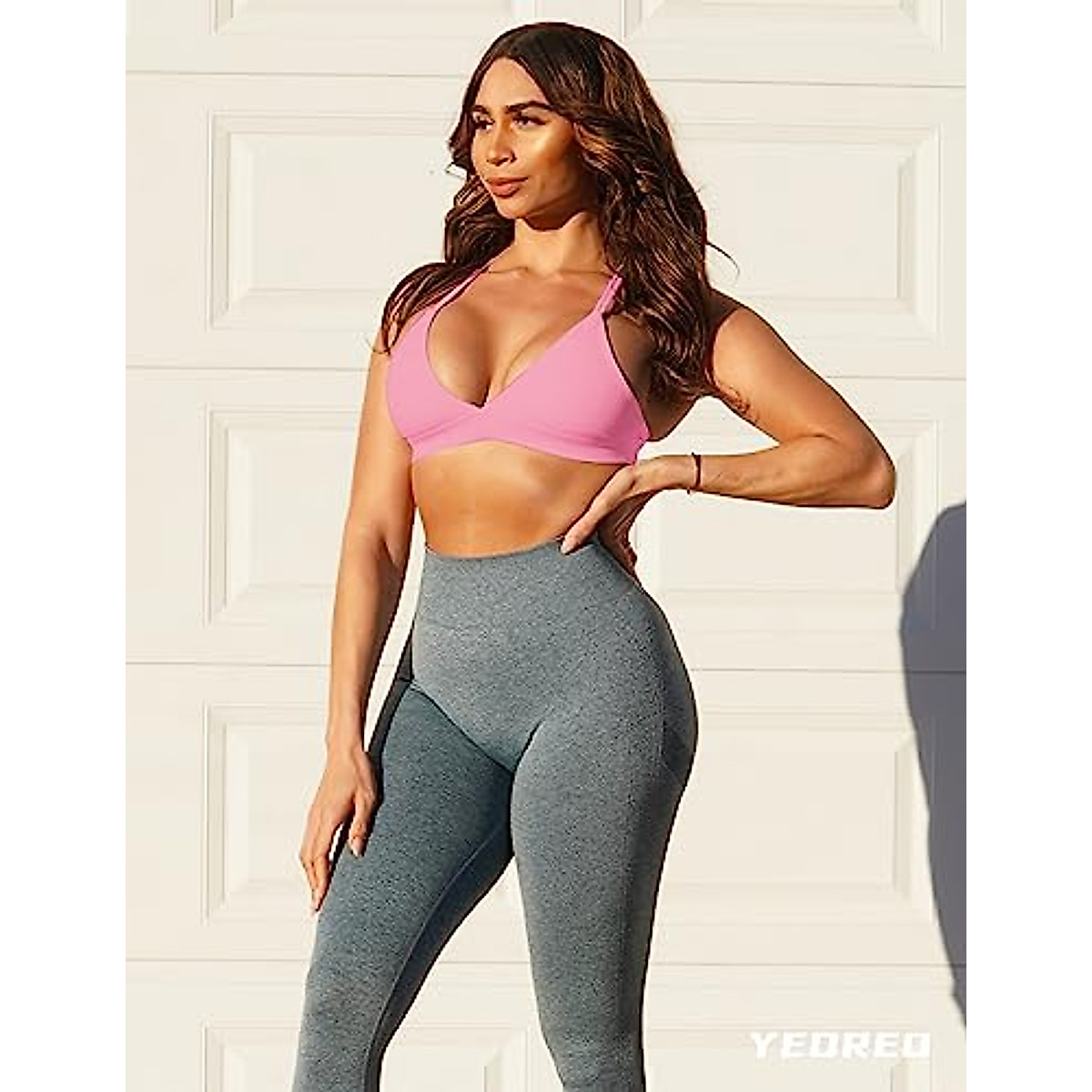 YEOREO Sports Bra for Women V-Neck Strappy Criss-Cross Back Yoga Bra Padded Fitness Crop Top Candy Powder XS