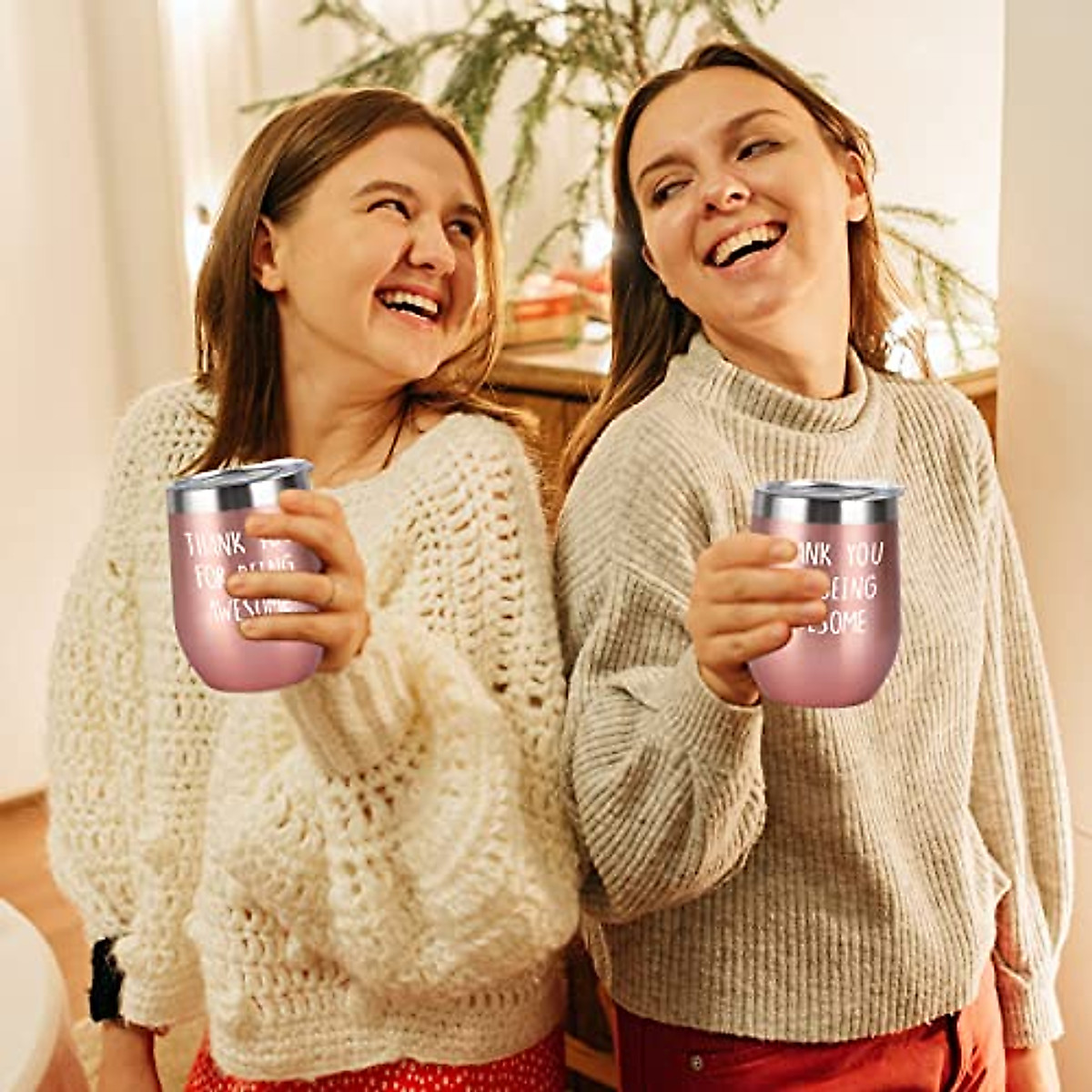 Thank You Gifts, Thank You for Being Awesome Wine Tumbler Set of 4, Inspirational Appreciation Birthday Gifts for Women Coworker Friends Teacher Her, Insulated Stainless Steel Tumbler(12oz, Rose Gold)