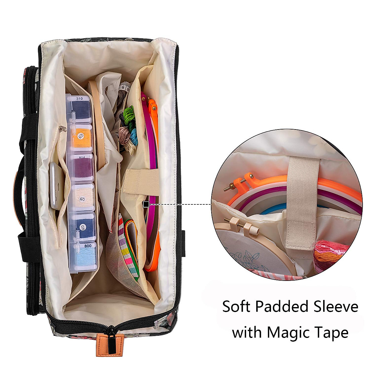 Yarwo Embroidery Project Bag, Embroidery Kits Storage Bag with Multiple Pockets for Embroidery Hoops (Up to 11.2"), Embroidery Floss or Other Embroidery Supplies, Black Peony (Bag Only)