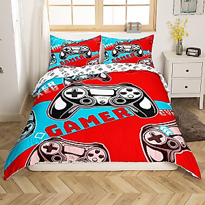 Erosebridal Gamer Duvet Cover for Boys Girls Kids Teens,Video Game Bedding Set Twin Size,Gaming Comforter Cover Gamer Room Decor,Red Teal Gamepad Controller Bed Set 1 Duvet Cover & 1 Pillowcase