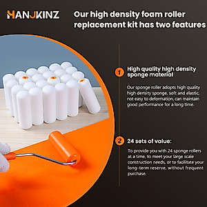 HANJKINZ Foam Paint Roller, 24 Pack, 4 Inch Mini Paint Roller Covers, High Density Foam Paint Roller, Small Paint Rollers for All Flat Surfaces, Suitable for Wall，Kitchen Cabinets, Doors, Tables, Etc