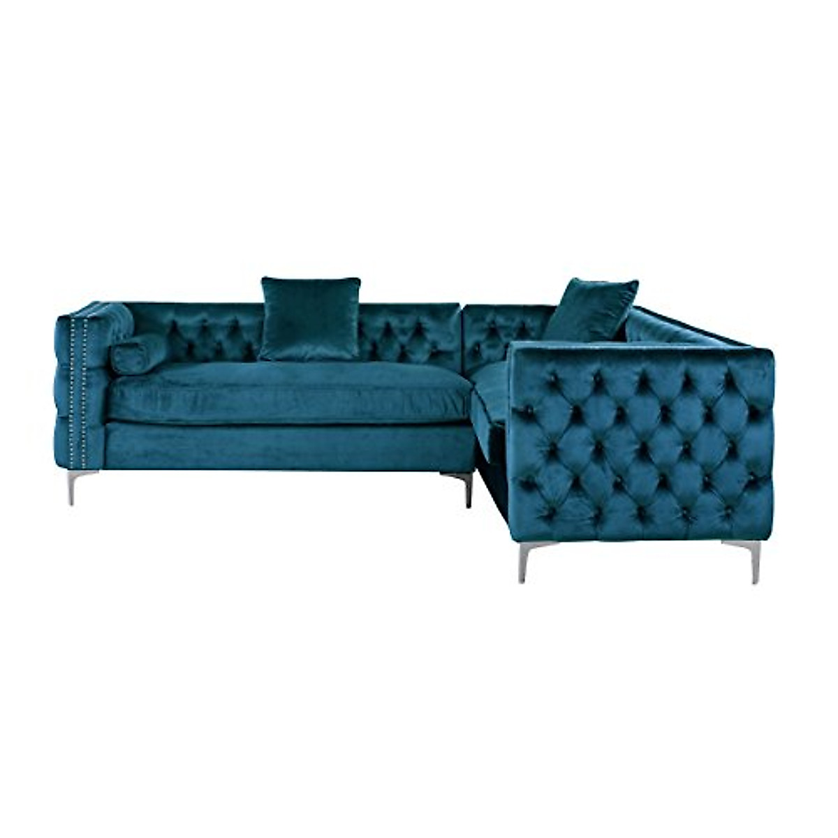 Iconic Home Mozart Elegant Velvet Modern Deeply Tufted with Silver Nailhead Trim Chrome Legs Right Facing Sectional Sofa, Teal