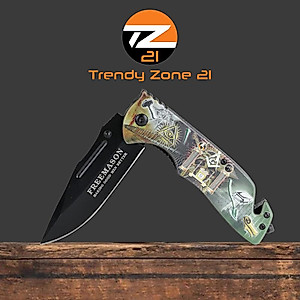Trendy Zone 21 Folding Masonic Pocket Knife, 5.00 inch Stainless Steel Pocket Knife with Freemason printed|Various Masonic Symbols printed in 3-D on the handle with Metal clip, Safety Belt Cutter
