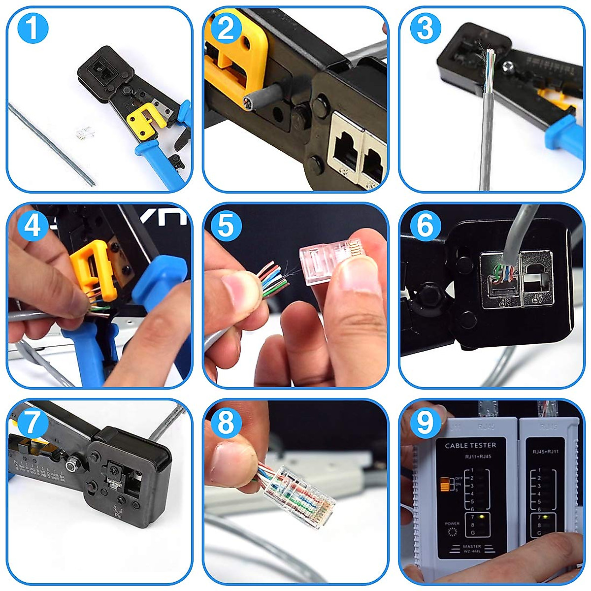 SILIVN Rj45 Crimping Tool Network Tool Kit for Cat5 Cat5e Cat6, 8 in 1 Portable Ethernet Cable Crimper Kit, Ethernet Tool Kit RJ45/RJ11/RJ12 Network Cable Tester Punch Down Tool
