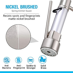 Qomolangma Contemporary Kitchen Faucet with Pull Down Sprayer, Stainless Steel Single Handle Spring Kitchen Sink Faucets with Sprayer, with Deck Plate, Brushed Nickel