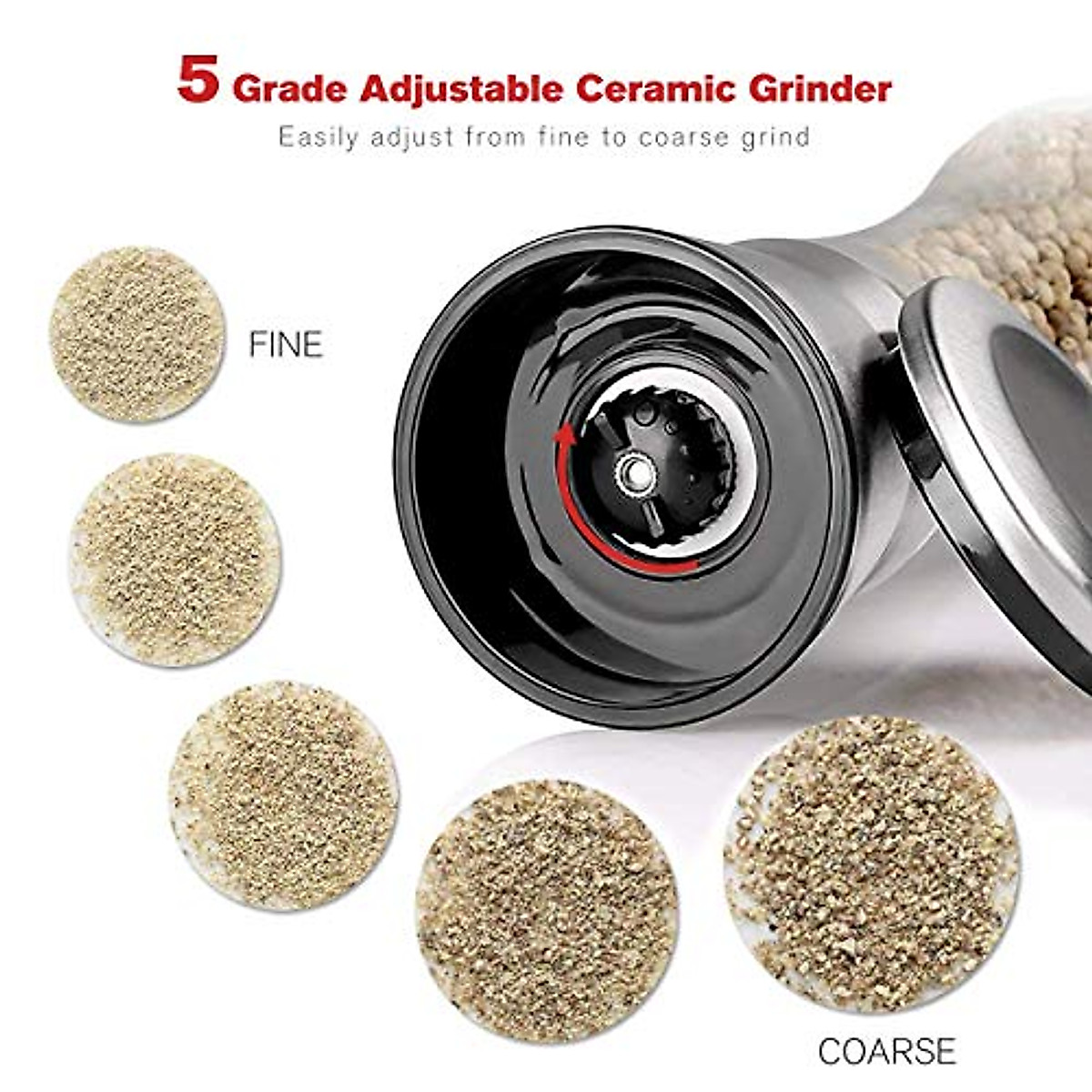 bonris Professional Stainless Steel Salt and Pepper Grinder with Adjustable Coarseness with Five Grinding Level Pepper Mill Grinders Shakers .（Single Package）