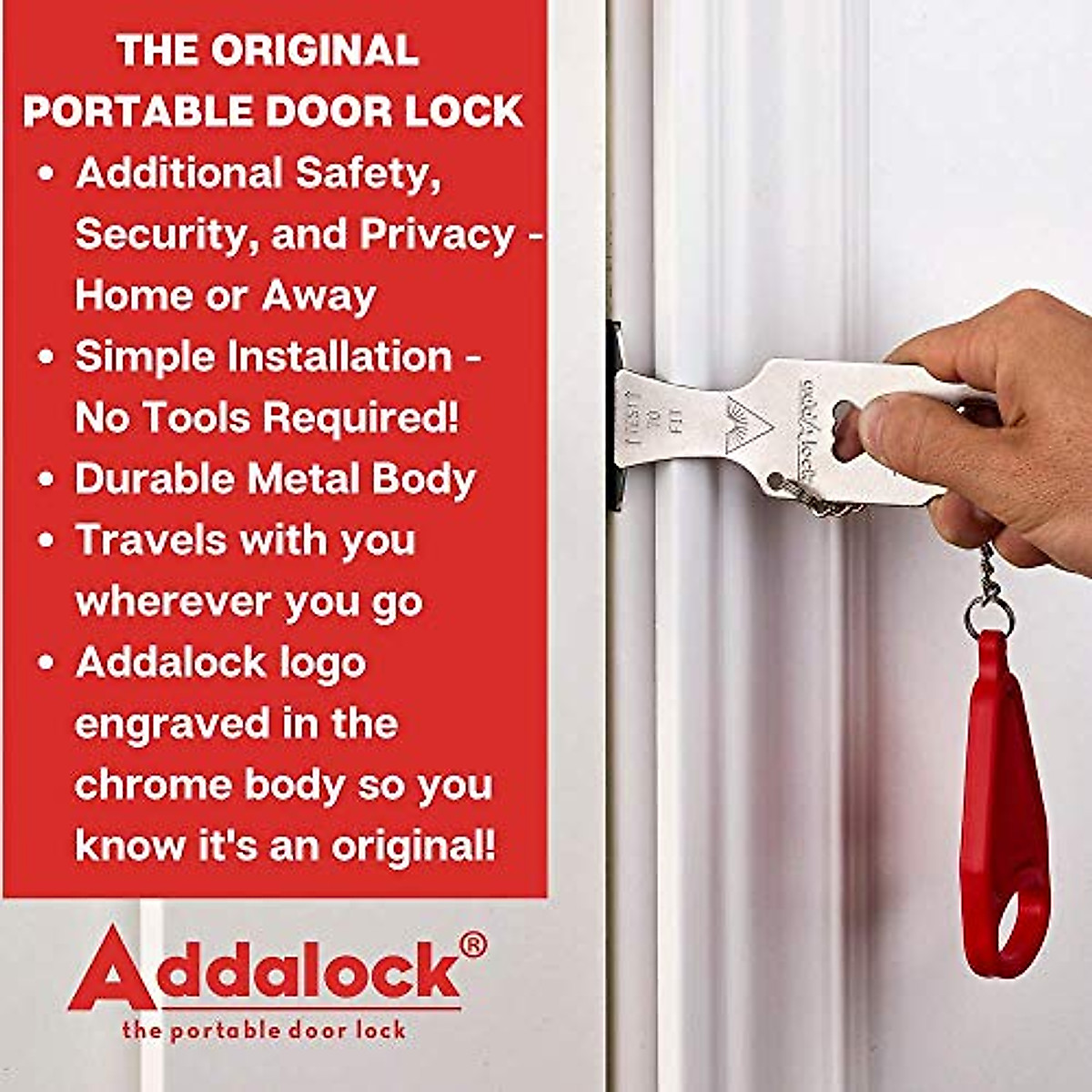 Addalock The Original Portable Door Lock by Rishon Enterprises for Home Security Used as an Apartment Security Lock, Travel Door Lock, AirBNB Lock and Dorm Room Essentials, 2 pck