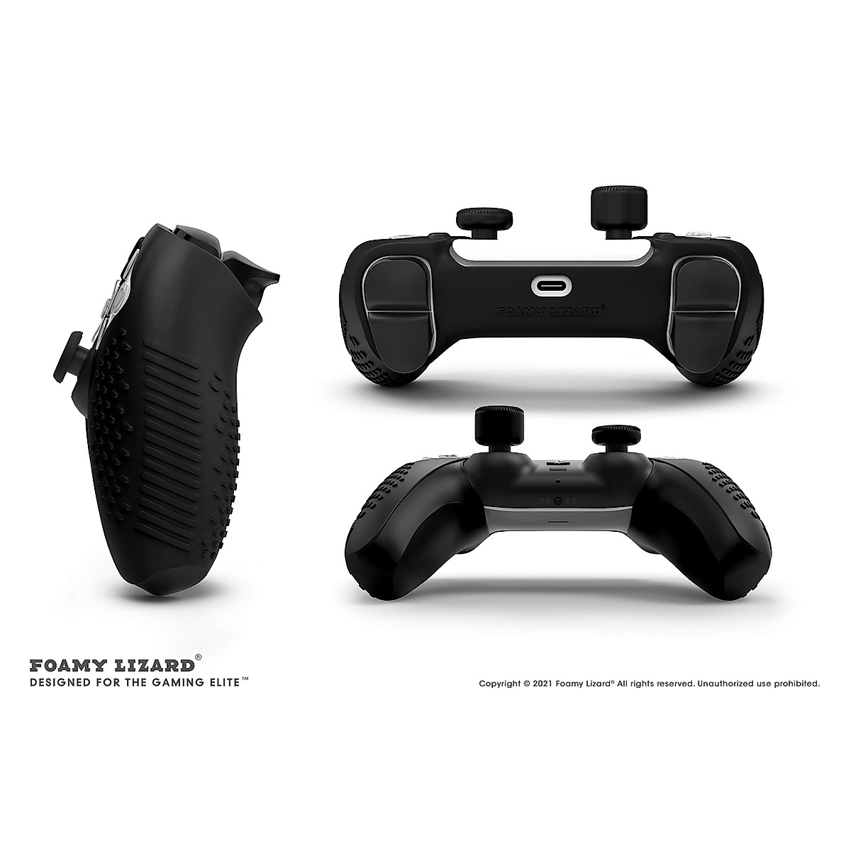 Foamy Lizard SensePro PS5 Controller Skin | Dock Compatible, Soft Flat Anti-Slip Studded Silicone Gel Grip Cover for PlayStation 5 Dualsense, Rubber Protector Plus 8 Raised Thumb Grip Caps (Black)
