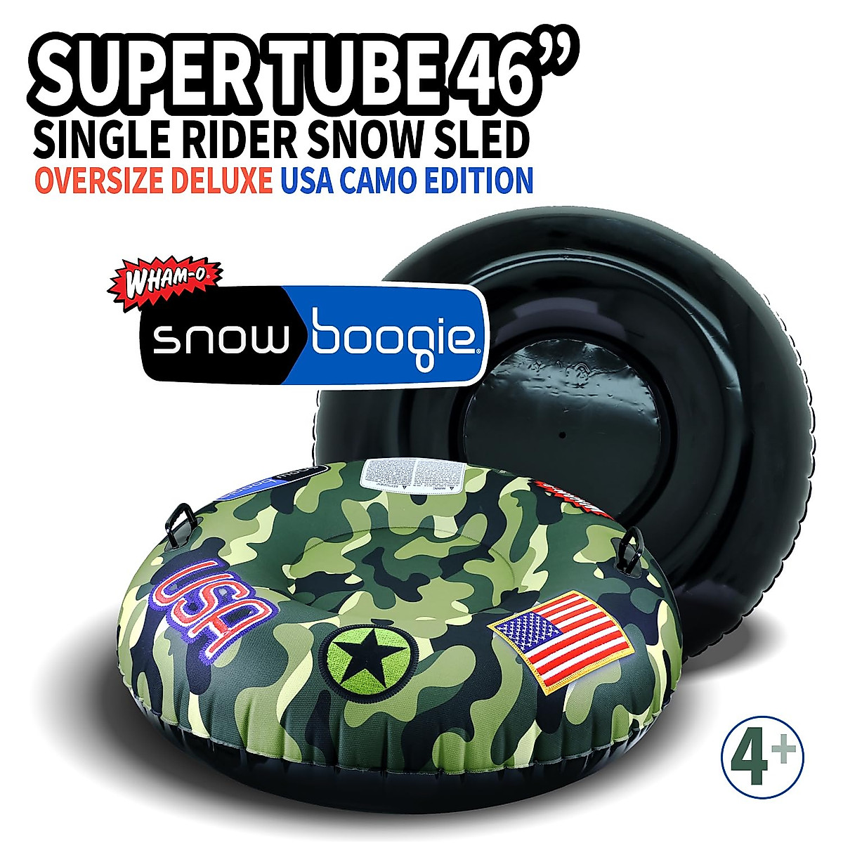 Wham-O Snowboogie Super Snow Tube 46" Oversize Deluxe USA Camo Edition | Single Rider Snow Sleds | Inflatable Snow Sled for Adults & Children