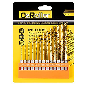 CaRoller Drill Bit Set 13 Piece Twist Hex Shank Quick Change High Speed Steel Titanium Coating for Metal, Aluminum Alloy and Plastic Wood 1/16" to 1/4"