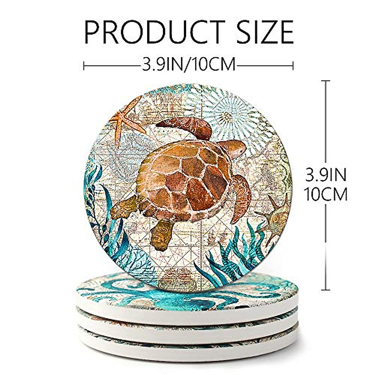 Teivio Absorbing Stone Sea Ocean Life Coasters for Drinks, Cork Base with Holder,Coastal Decor Beach Theme Tropical,for Housewarming Apartment Kitchen Bar Decor, For Wooden Table Coffee table,Set of 8