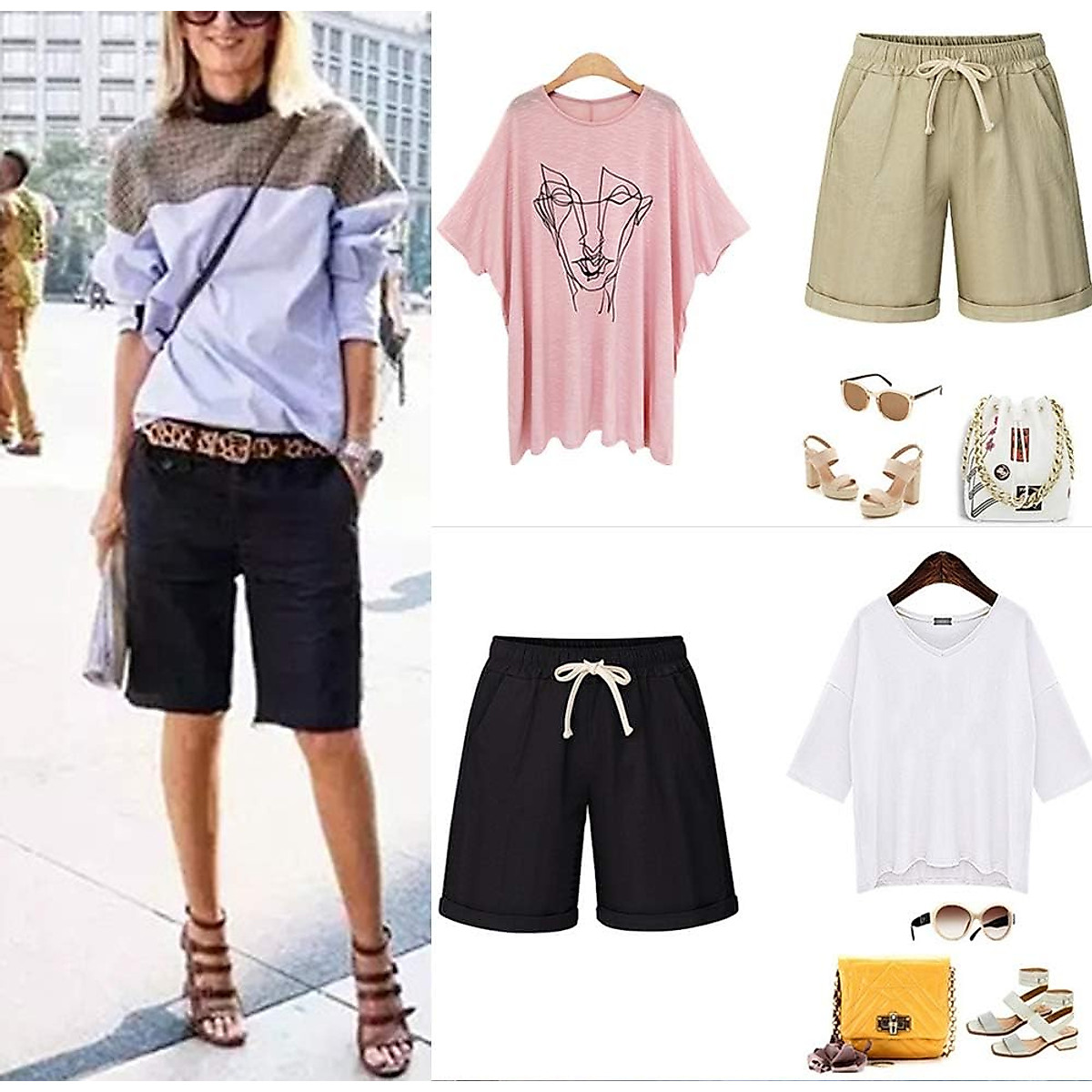 XinYangNi Women's Drawstring Elastic Waist Casual Comfort Cotton Linen Plus Size Beach Shorts Pink US XL