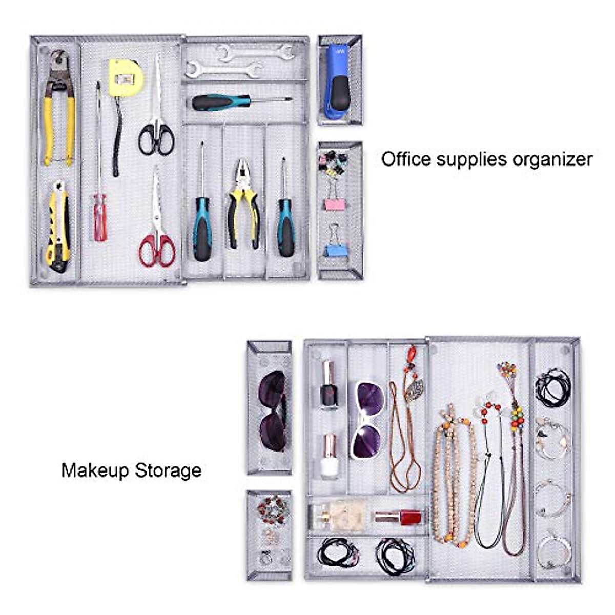 WuGeShop Expandable Kitchen Drawer Organizer, Large Silverware Organizer, Adjustable Mesh Utensils Cutlery Tray with Anti-slip Mat (7+2 Compartment, Silver)