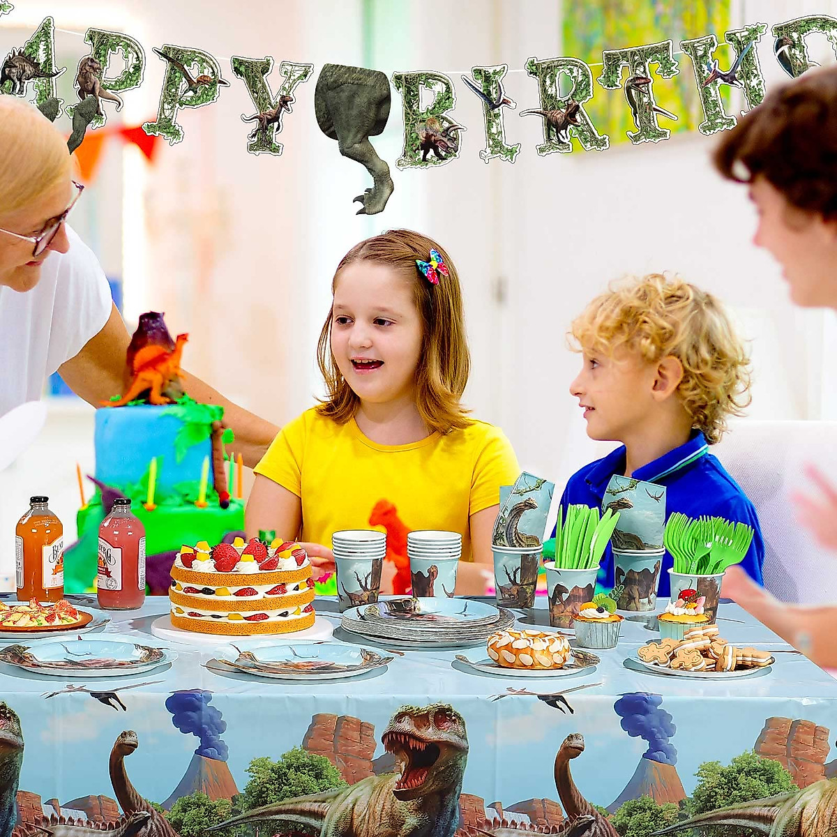 Seewey 171 Pieces Dinosaur Party Supplies Jurassic Happy Birthday Party Decorations Dinosaur Theme Birthday Tableware Tablecloth Dino Plates Napkins Cup Forks Banner for 24 Guests