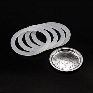 MEFONKOU 6 Cups Coffee Gasket for Bialetti Moka Aluminium Stove top Coffee Maker Pots Express - 4 Gasket and 1 Stainless Filter