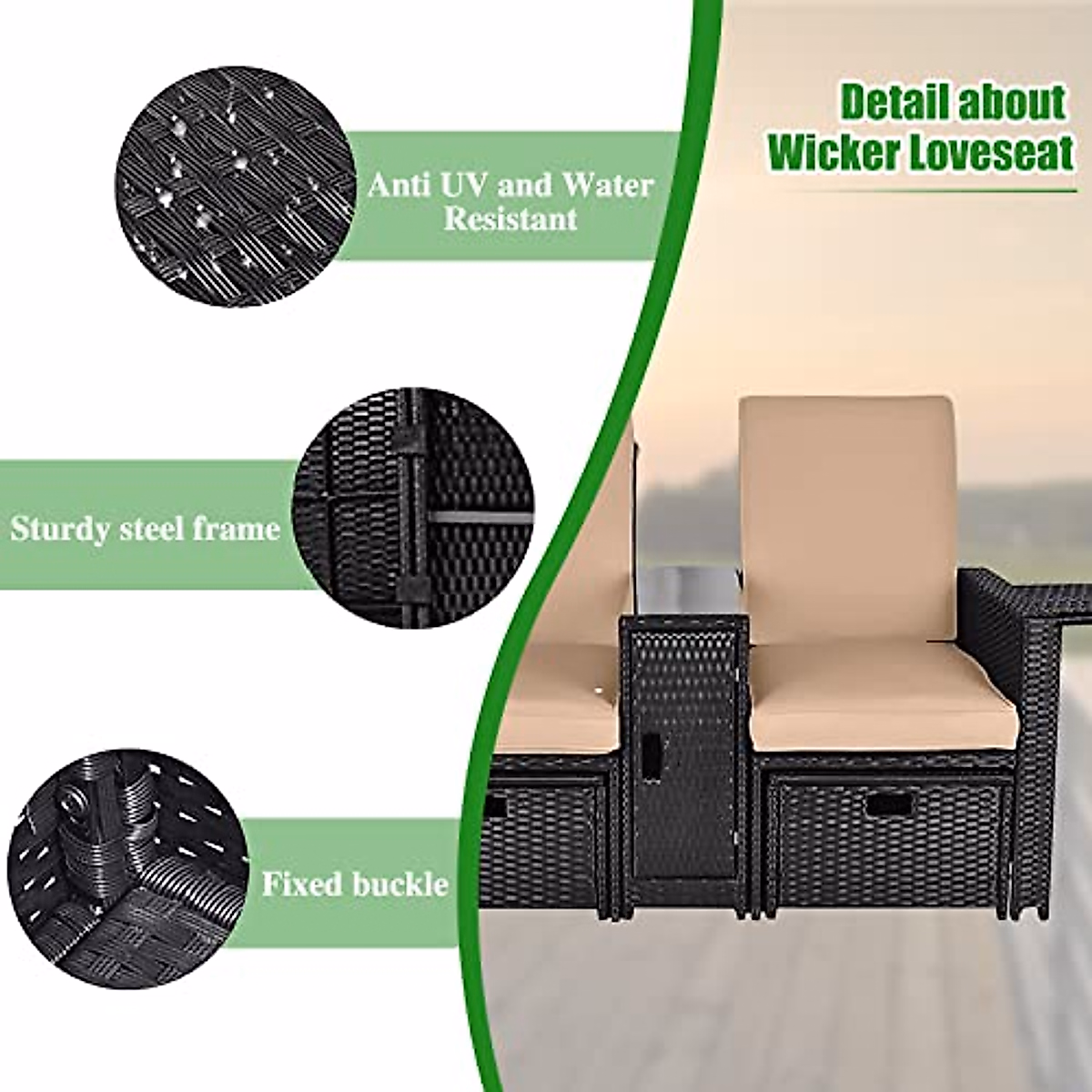 B BAIJIAWEI Patio Wicker Loveseat - Outdoor Rattan Sofa Set with Cushion - Adjustable Lounge Chair with Ottoman Footrest, Wicker Furniture for Garden, Patio, Balcony, Beach, Coffee Bar, Deck