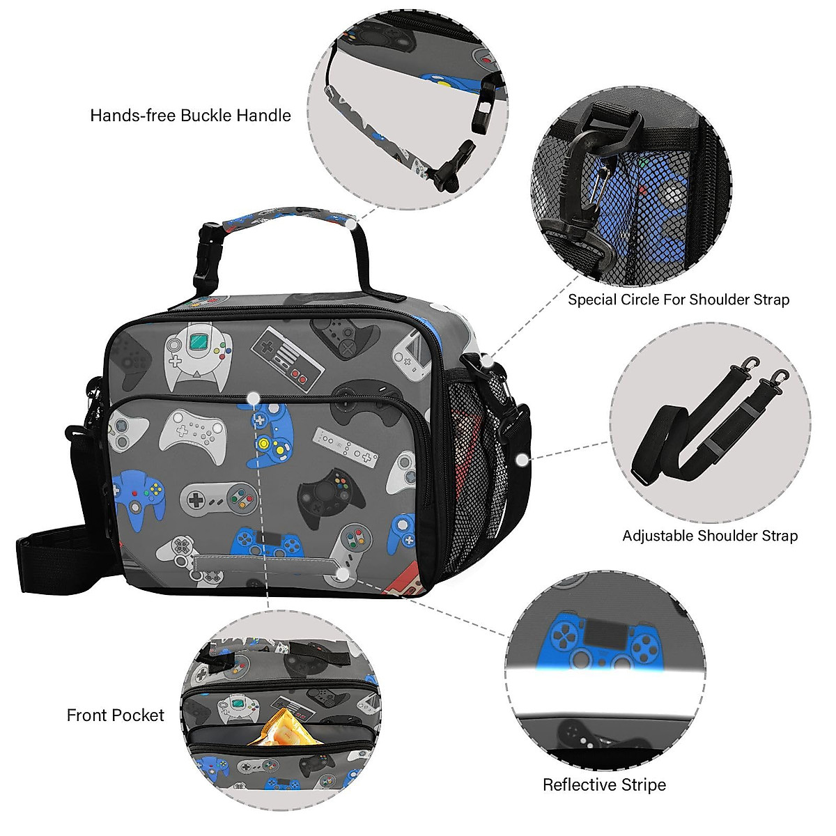 Video Game Controller Lunch Bag for Women Men Gamepad Joystick Insulated Cooler Tote Bag with Adjustable Shoulder Strap Large Capacity Reusable Leakproof Picnic Lunch Box Outdoor for Adult Office