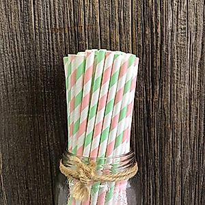Striped Paper Straws - Mint Green Light Blush Pink White - 7.75 Inches - Pack of 50 Outside the Box Papers Brand