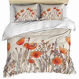 Lsrtoss Orange Spring Floral Twin Duvet Cover Set for All Season, Watercolor Farmhouse Botanical Microfiber 3 Piece Bedding Set with 2 Pillowcases & 1 Quilt Cover, 68" W x 86" L, Twin Size