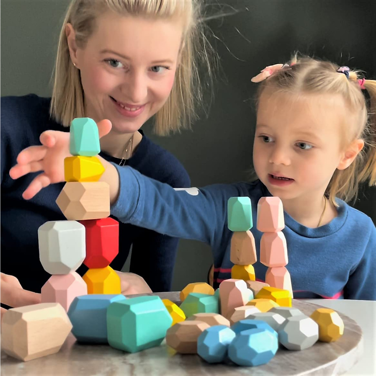 Pidoko Kids 36 Pcs Stacking Rocks with Storage Container - Wooden Balancing Stones - Educational Preschool Learning Montessori Toys - Wood Building Sorting Blocks Set