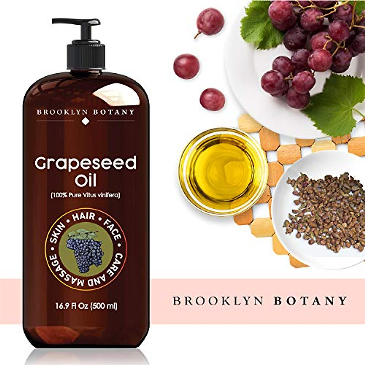 Brooklyn Botany Grapeseed Oil for Skin, Hair and Face – 100% Pure and Natural Body Oil and Hair Oil - Carrier Oil for Essential Oils, Aromatherapy and Massage Oil – 16 fl Oz
