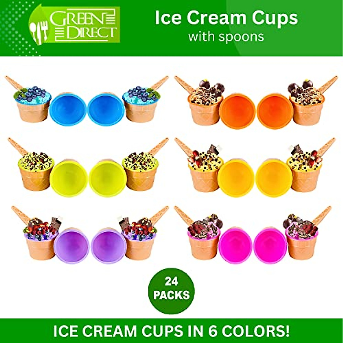 Green Direct Ice Cream Cups with Spoons/Large Plastic Dish with Spoon/Dessert Sundae Frozen Yogurt Bowls Icecream Cup Party Favors Dishes ice crem kits supplies for kids Set of 24