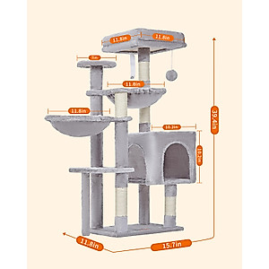 Taoqimiao Cat Tree, 39.4-Inch Cat Tower for Indoor Cats,Suitable for Kittens,Plush Cat Condo with 5 Scratching Posts, Plush Perch,2 Hammock,Pompoms, MS019W Light Gray