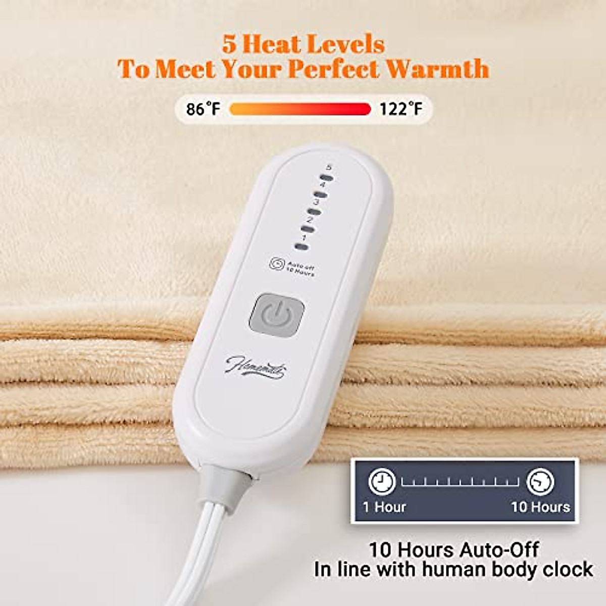 HomeMate Electric Heated Blanket Dual Controller King Size 100"x 90" Beige,5 Heating Levels Fast Heating,10 Hours Auto Off, Heat Blanket Over-Heated Protection Double Soft Flannel,ETL Certified
