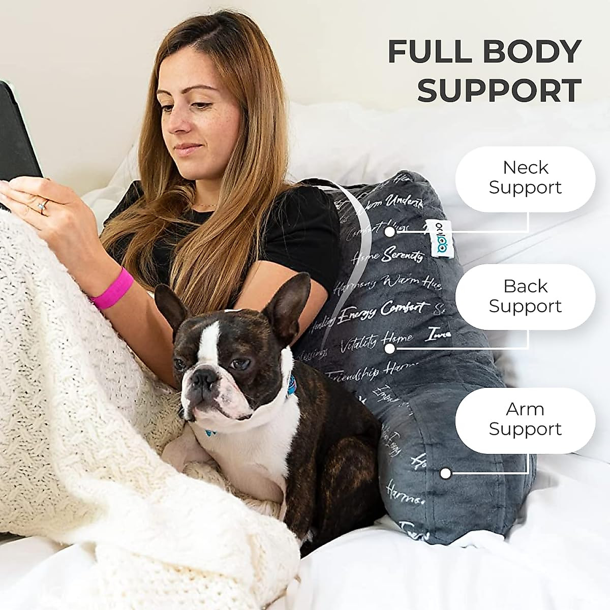 MYOOLOO Gratitude Reading Study Pillow Bed Wedge with Arms and Pockets Bolster Back Support Lumbar - Certified USA Made Memory Foam