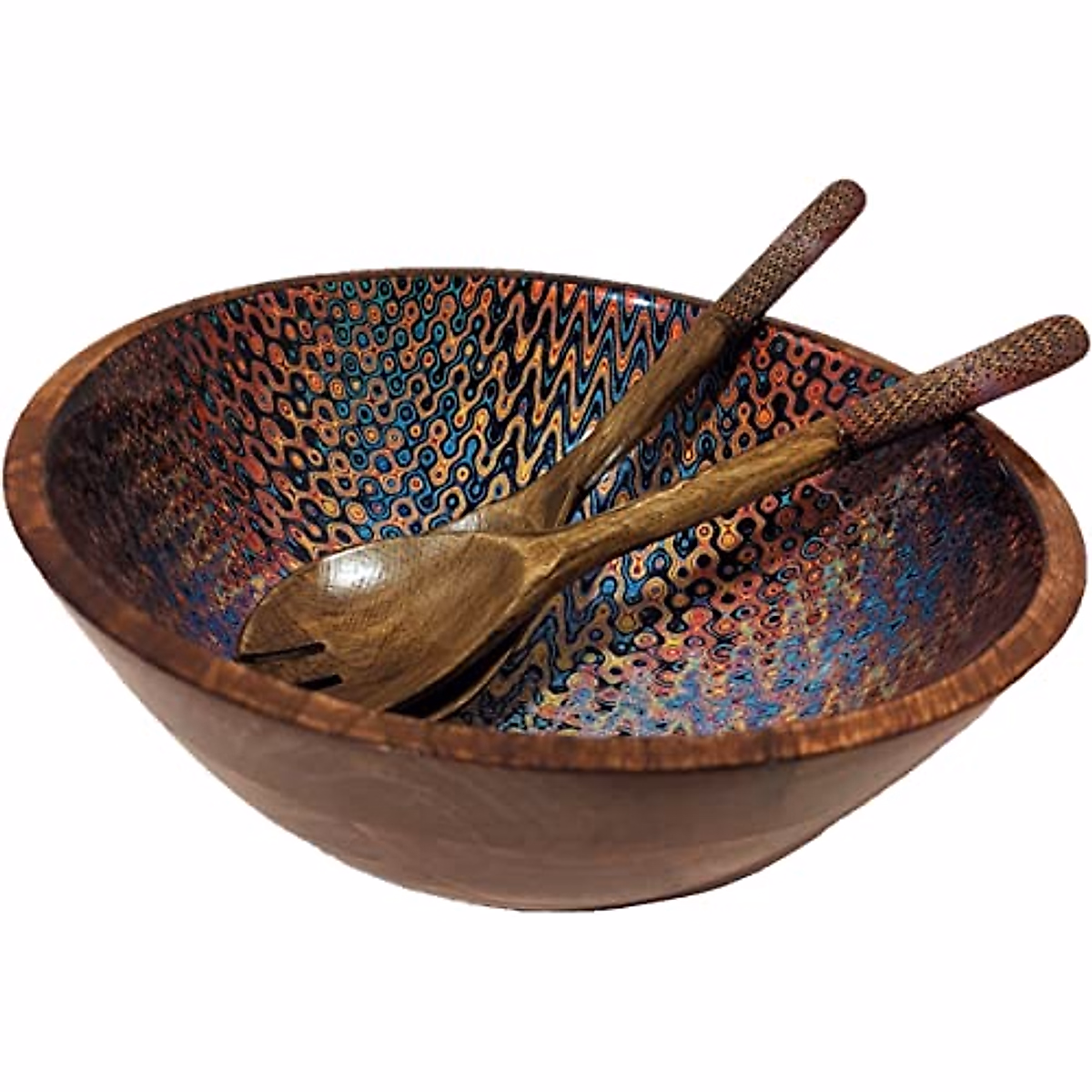 Decorative Wooden Bowl with Server Spoons - Mango Wood Enamel Serving Bowls for Mixing Fruit Salad Pasta Popcorn Cereal Soup 12" Diameter - Large Centerpiece Dish