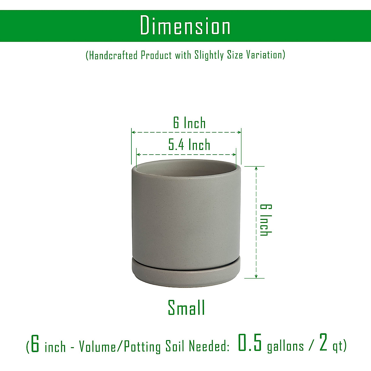 D'vine Dev 6 Inch Ceramic Planter Pot with Drainage Hole and Saucer, Indoor Cylinder Round Flower Pot, Grey, 94-O-C-3