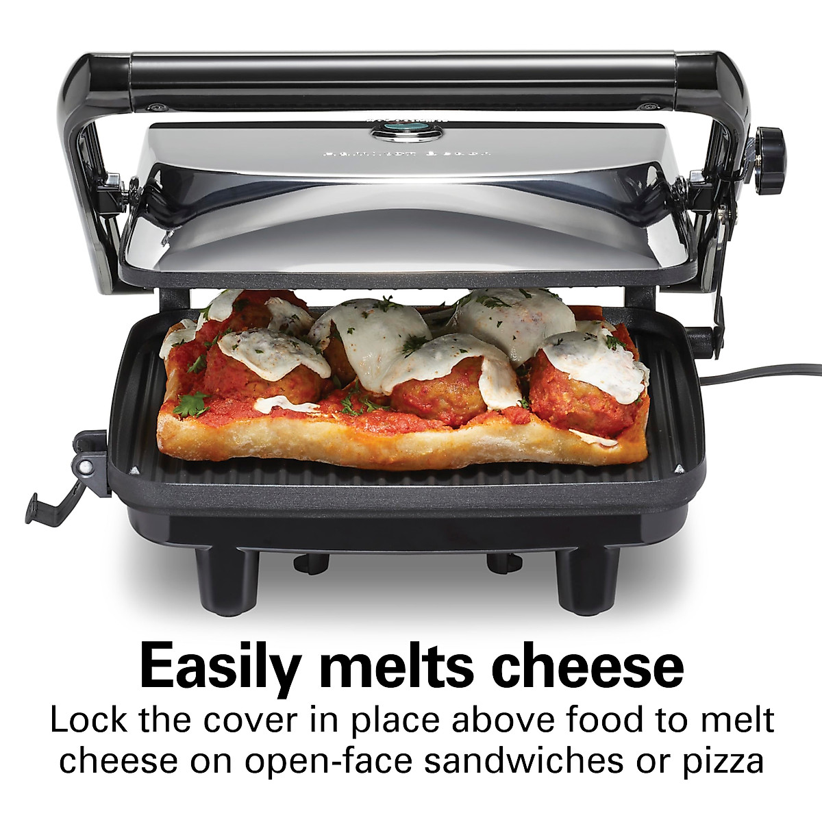 Hamilton Beach Electric Panini Press Grill with Locking Lid, Opens 180 Degrees for any Sandwich Thickness (25460A) Nonstick 8" X 10" Grids Chrome Finish, Medium