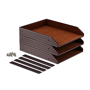 Leather Desk Organizer, Sendi Store Leather Stackable Office File Document Tray for Files, Folder, Stationery, Magazine, Newspaper, Mail, Home Sundries Desktop Organization Holder (Brown 3-Tray)