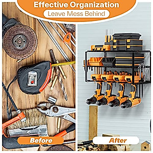 Dr.meter Power Tool Organizer, 4 Drill Holder Garage Tools Organization and Storage - 3 Layers Heavy Duty Metal Tool Shelf Wall Mount - Utility Storage Rack with 4 Extra Hangers, Father Men Dad Gift