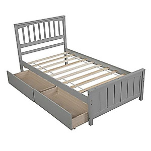 Harper & Bright Designs Twin Bed Frame with Drawers, Kids Platform Twin Bed with Storage, Solid Wood, No Box Spring Needed (Light Grey (Drawers))