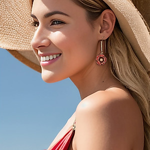 BriLove Fashion Elegant Rhinestone Enamel Rose Flower Hook Dangle Earrigns for Women Ruby Color Gold-Toned