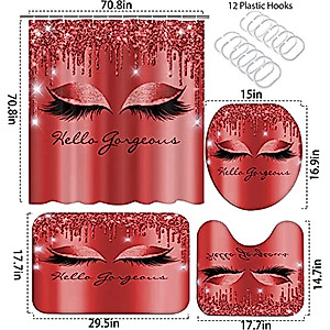 Vivianbuy 4PCS Bling Eyelashes Shower Curtains with Rugs Bath Mat Toilet Lid Cover and 12 Hooks Waterproof Bling Eyes Bathroom Shower Curtain Set(Red)