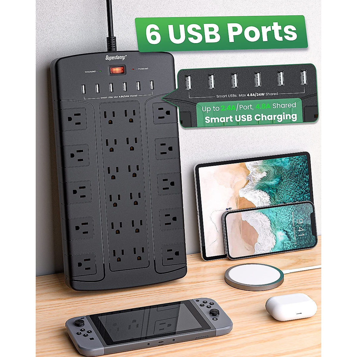 Surge Protector Power Strip with USB, SUPERDANNY Extension Cord with 22 Outlets & 6 USB, 1875W/15A, 1050J Surge Protection, 6.5Ft Flat Plug Power Cord, for Home Office Dorm Workshop, Black