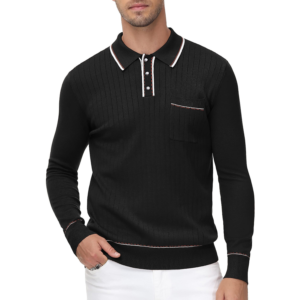 PJ PAUL JONES Mens Vintage Knit Sweater Long Sleeve Lapel Collar Pullover Sweater Black XL