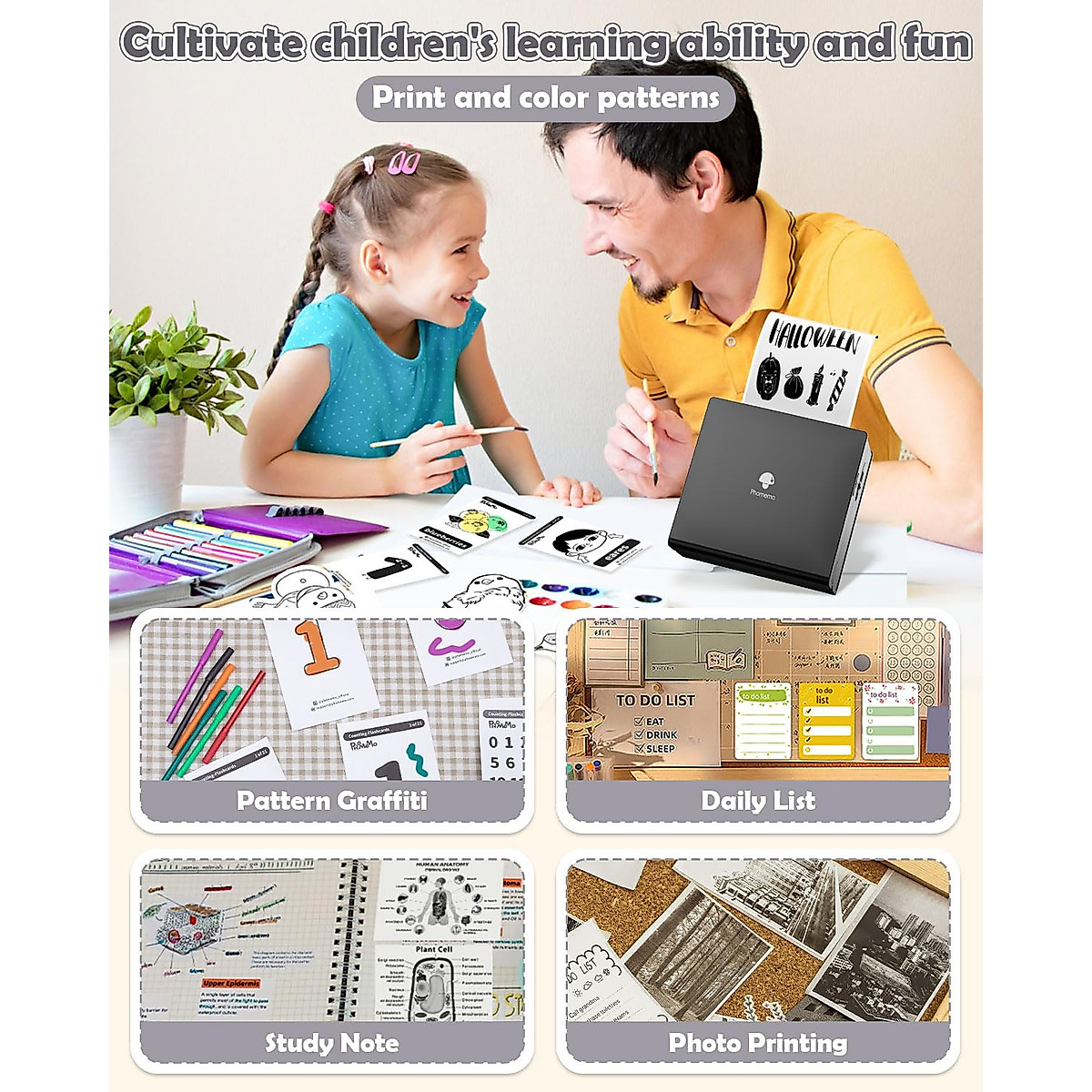 Memoqueen Mini Sticker Printer - M02 Wireless Pocket Printer, Compatible with iOS & Android, Photo Printer for Phone, for Fun Christmas Sticker, DIY Journal, New Year Gift, Black