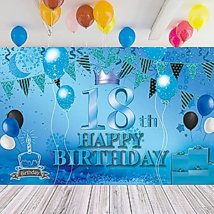 Happy 18th Birthday Backdrop Banner Blue 18th Sign Poster 18 Birthday Party Supplies for Anniversary Photo Booth Photography Background Birthday Party Decorations, 72.8 x 43.3 Inch