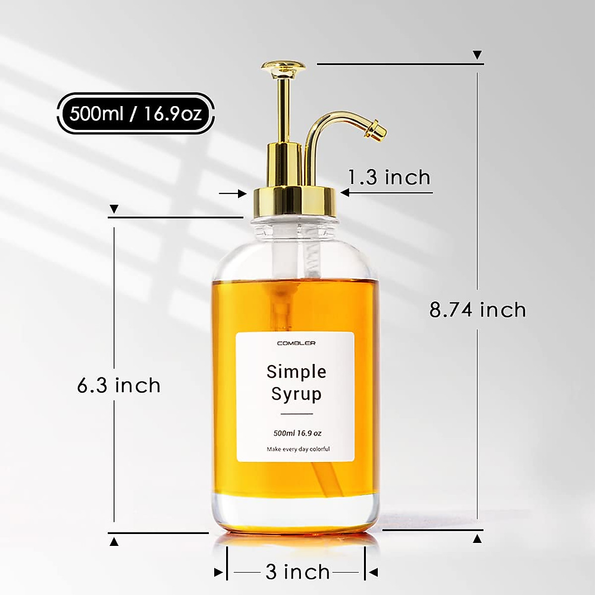 Combler Coffee Syrup Dispenser for Coffee Bar Accessories, 16.9oz 500ml Syrup Bottles 2pcs Set, Glass Syrup Dispenser w. Gold Pumps and Labels, Coffee Accessories for Cinnamon, Vanilla, Caramel, Gifts