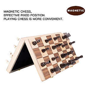 Amerous 15" x 15" Magnetic Wooden Chess Set, Folding Travel Chess Board with 2 Extra Queens / Pieces Storage Slots / Carry Bag , Handmade Large Wooden Board Game for Kids and Adults