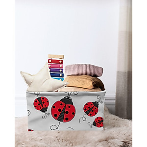 Lady-bugs Cube Storage Organizer Bins with Handles, 15x11x9.5 Inch Collapsible Canvas Cloth Fabric Storage Basket, Red Minimalistic Abstract White Books Bin Boxes for Shelves, Closet