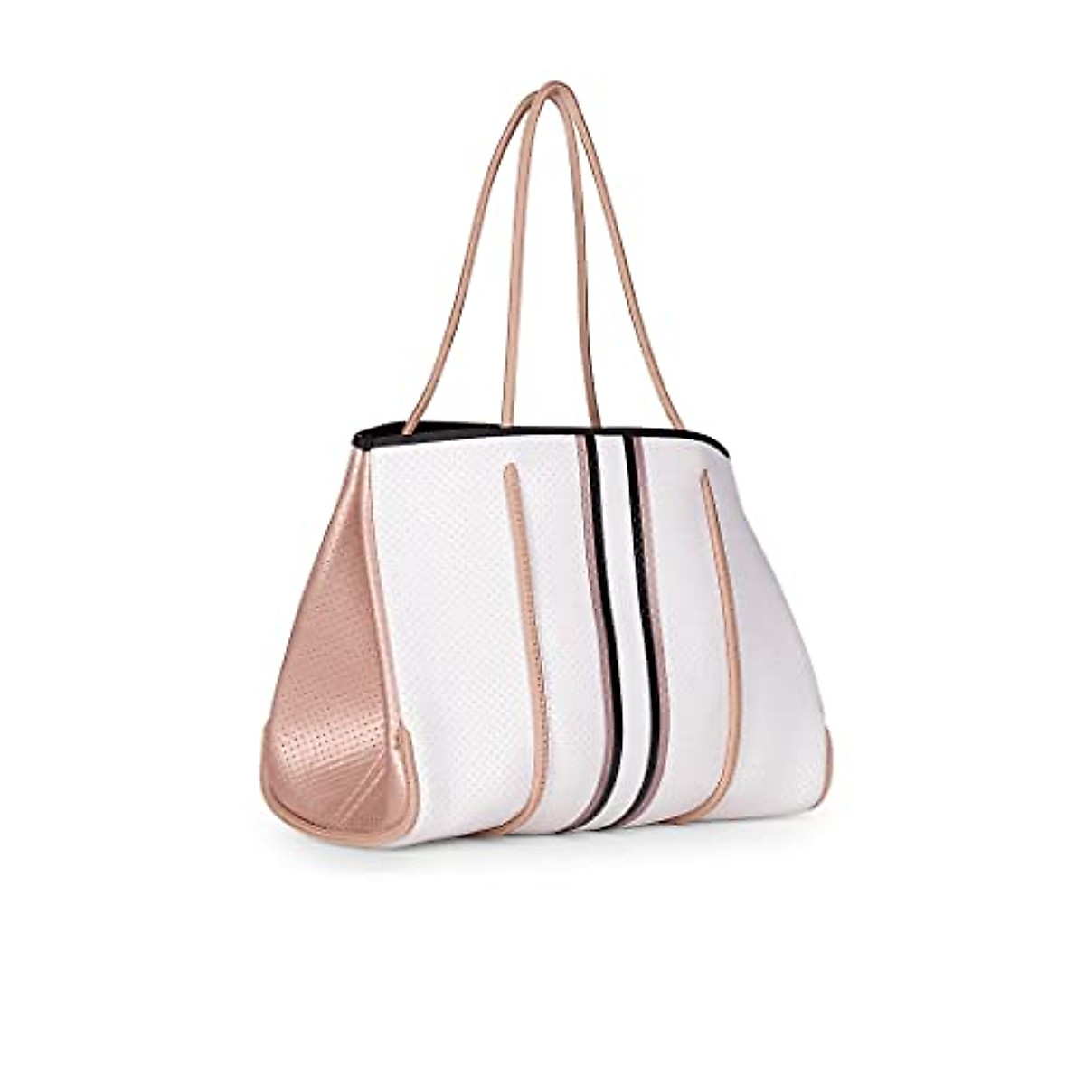 Haute Shore - Greyson Diva Neoprene Tote Bag w/Zipper Wristlet Inside, White W/Black, Rosegold & White Stripe